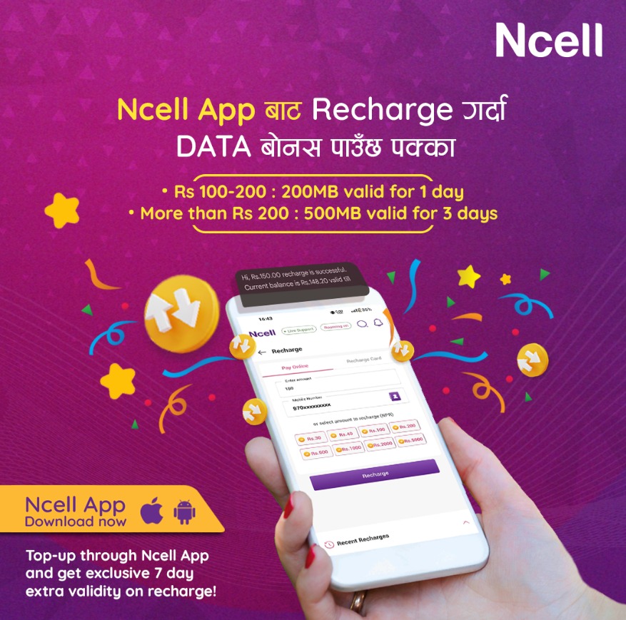 Ncell App provides bonus data on online recharge - Technology Khabar